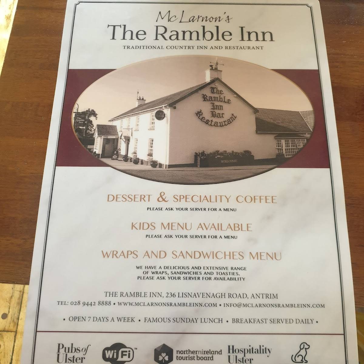 Menu at McLarnons Ramble Inn pub & bar, Antrim