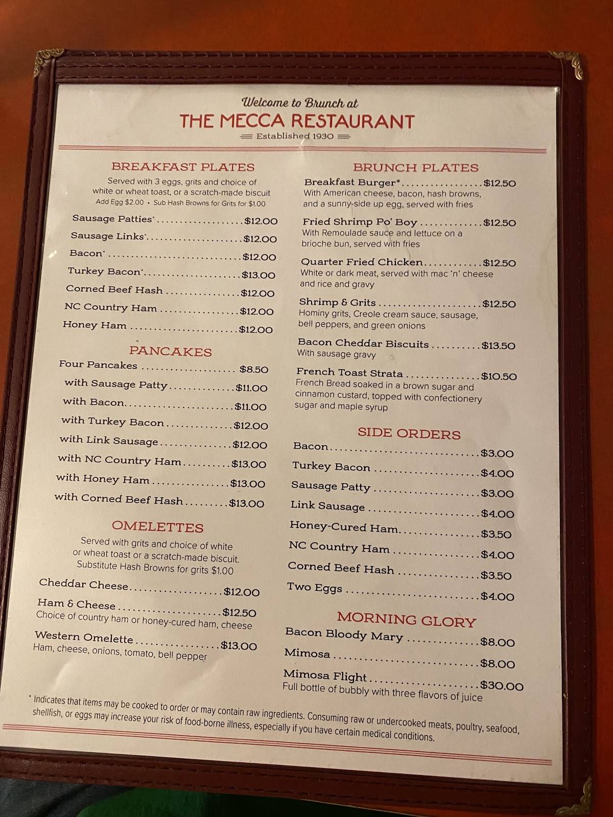 Menu at Mecca Restaurant, Raleigh