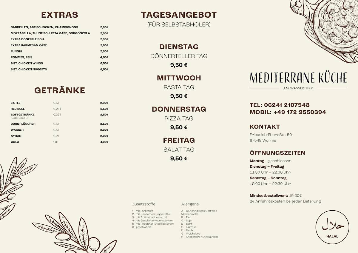 Speisekarte von Mediterrane Küche am Wasserturm restaurant, Worms