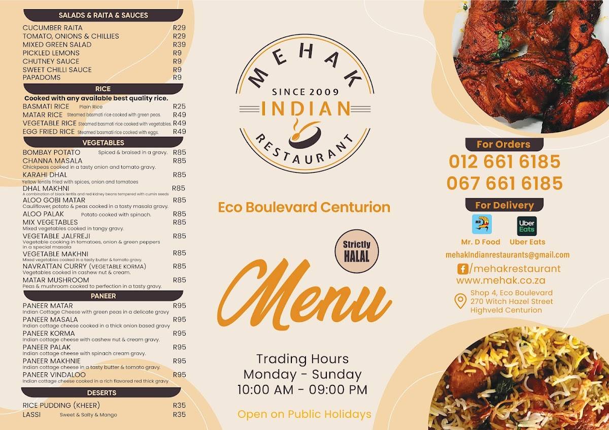 Menu at Mehak Indian Restaurant, Centurion, 270 Witch-Hazel Avenue Eco ...