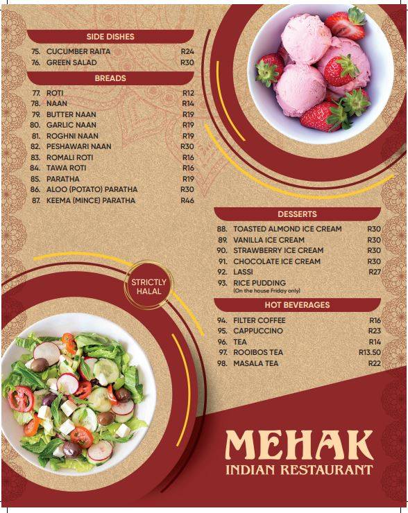 Menu at Mehak Indian Restaurant, Centurion