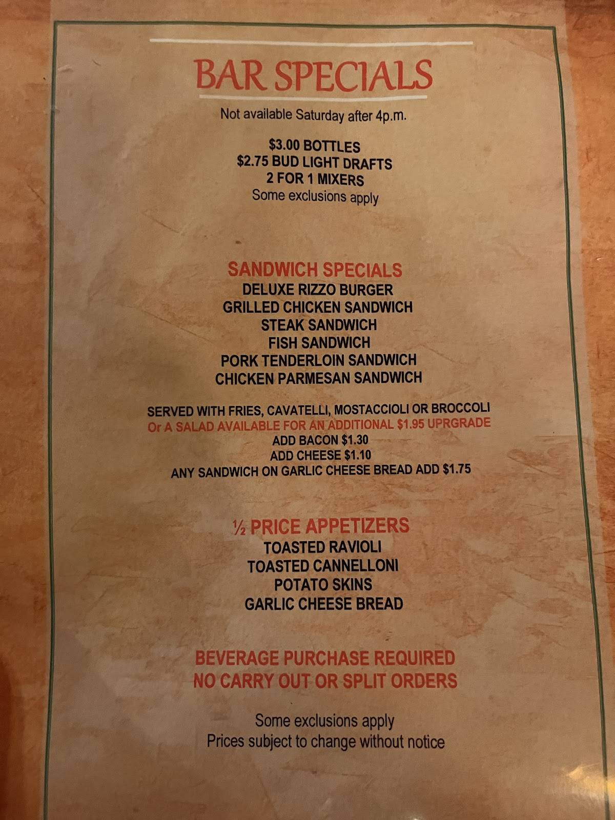 Menu at Rizzo's Italian Restaurant, Mehlville, Lemay Ferry Rd