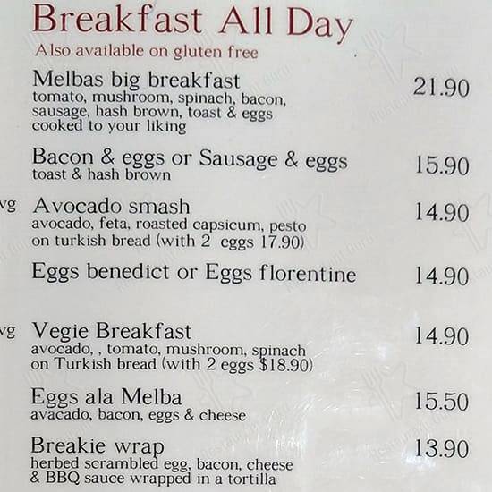 Menu at Melba Coffee House, Lilydale