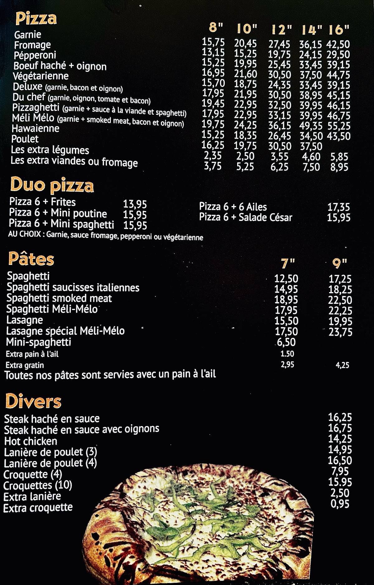 Menu au Resto Méli Mélo Inc. restaurant, Levis