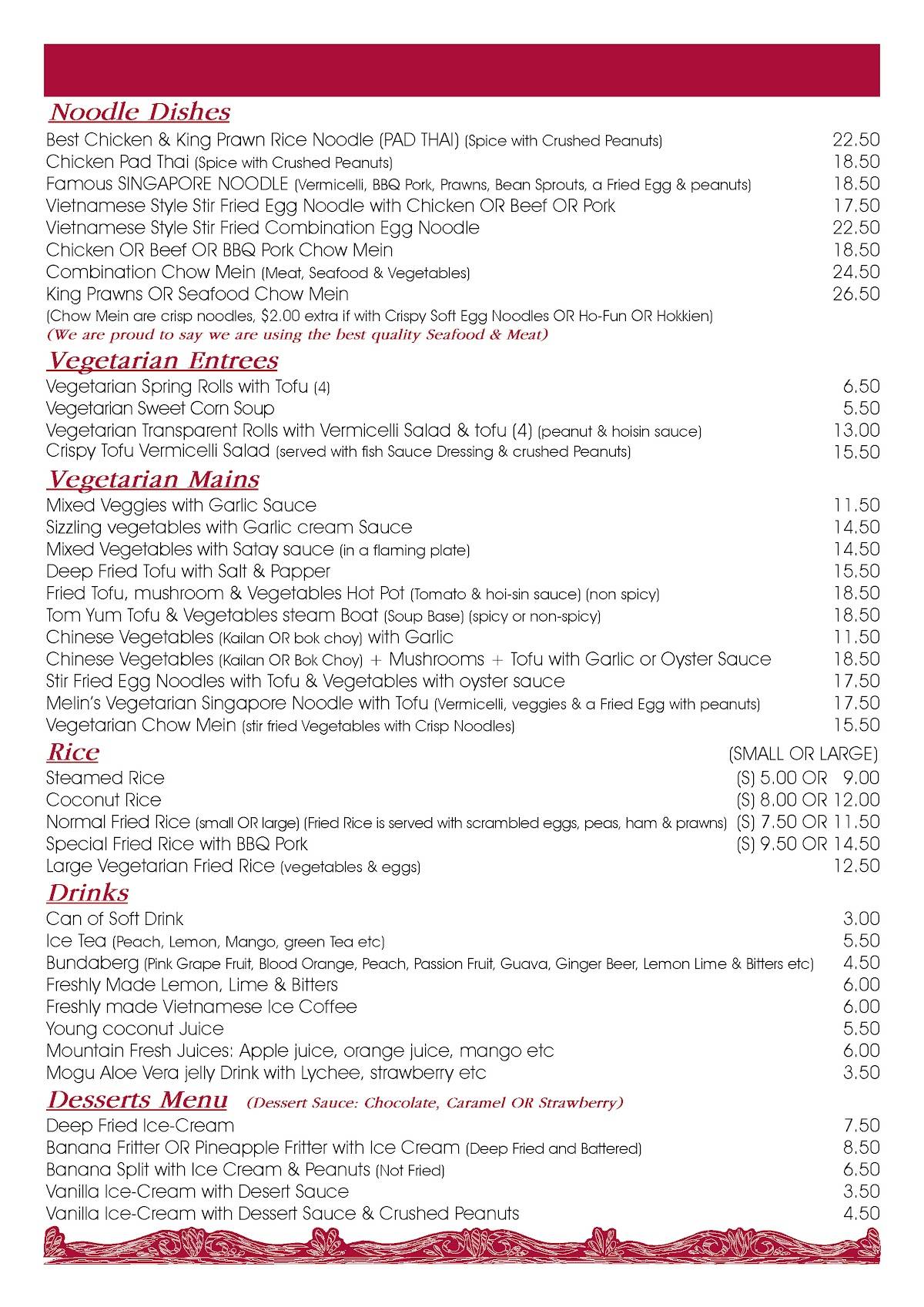 Menu at Melin Vietnamese & Chinese Restaurant, Capalaba