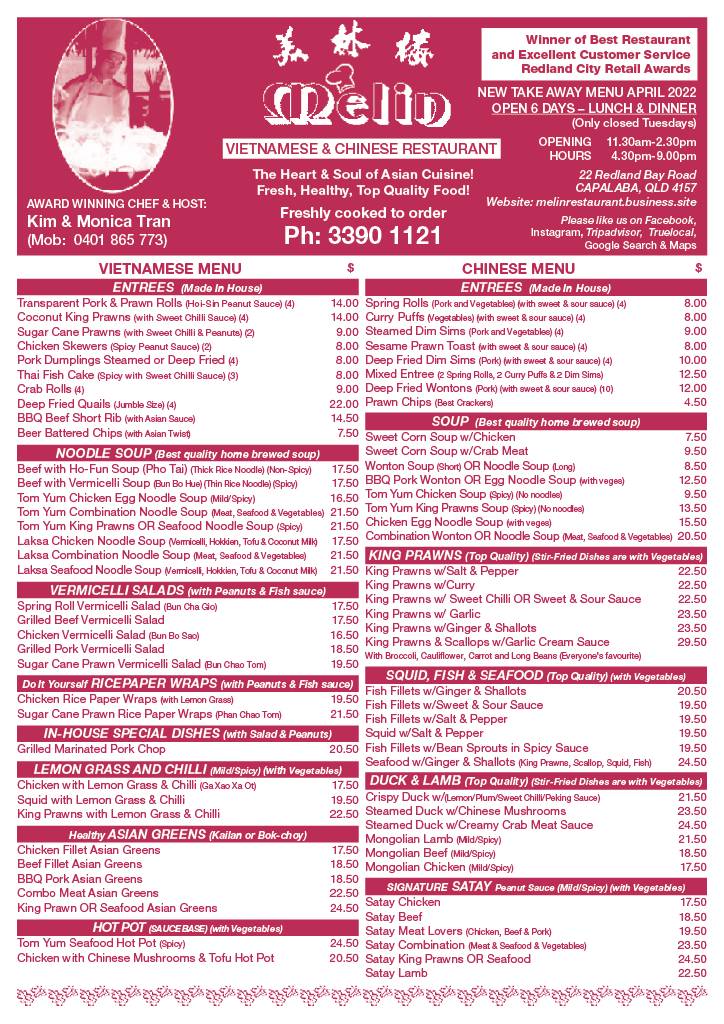 Menu at Melin Vietnamese & Chinese Restaurant, Capalaba