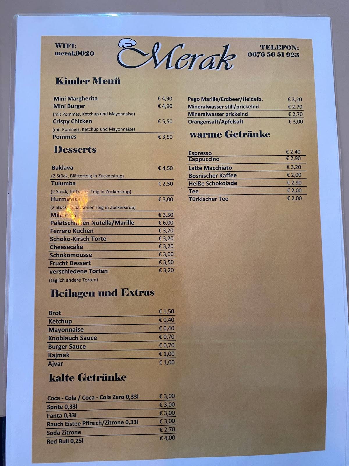 Speisekarte von Merak Grill restaurant, Klagenfurt am Wörthersee