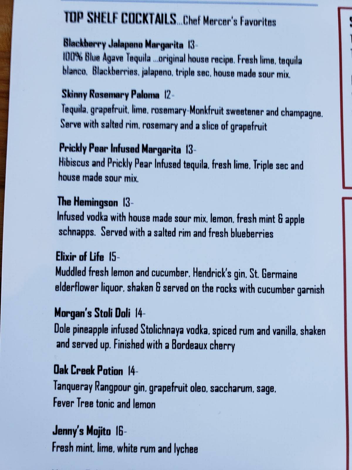 Menu at Mesa Grill Sedona restaurant, Sedona