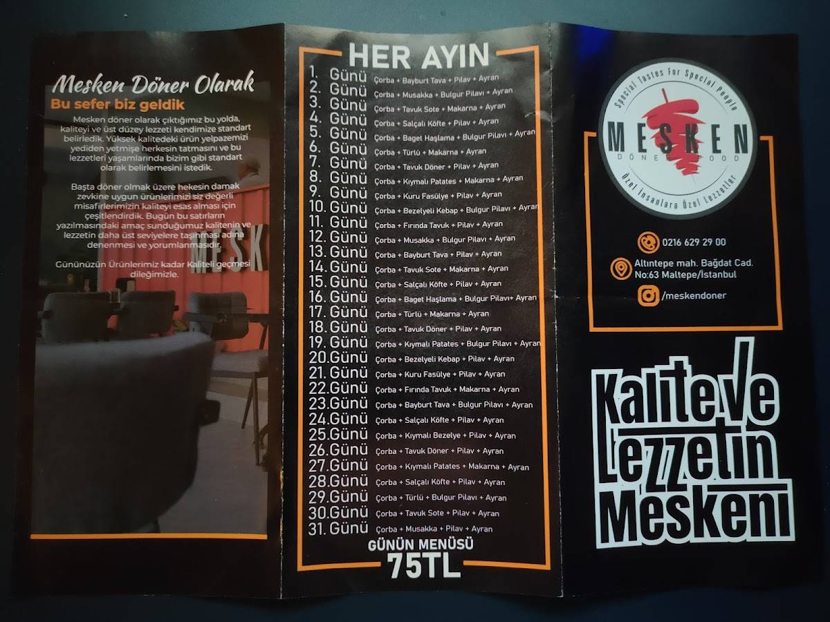 Menu at Mesken Döner, Istanbul