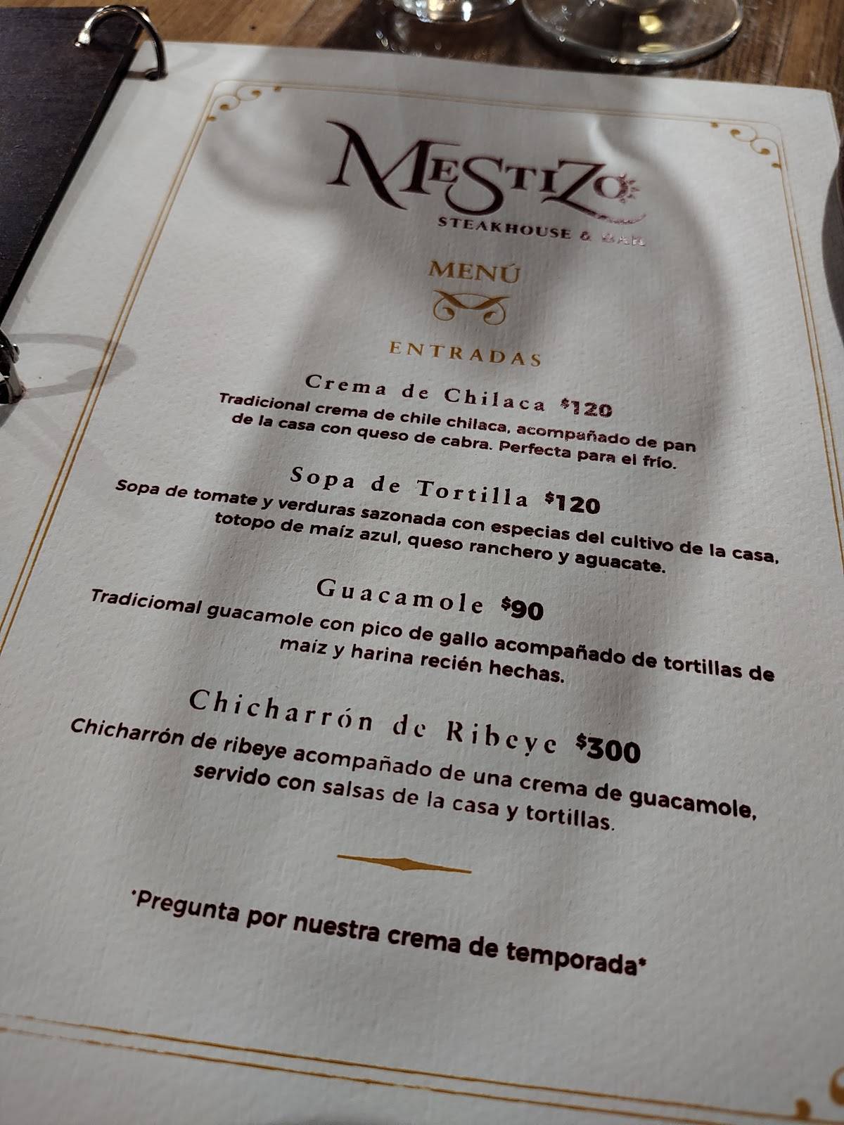 Menu at Mestizo Steak House & bar, Creel