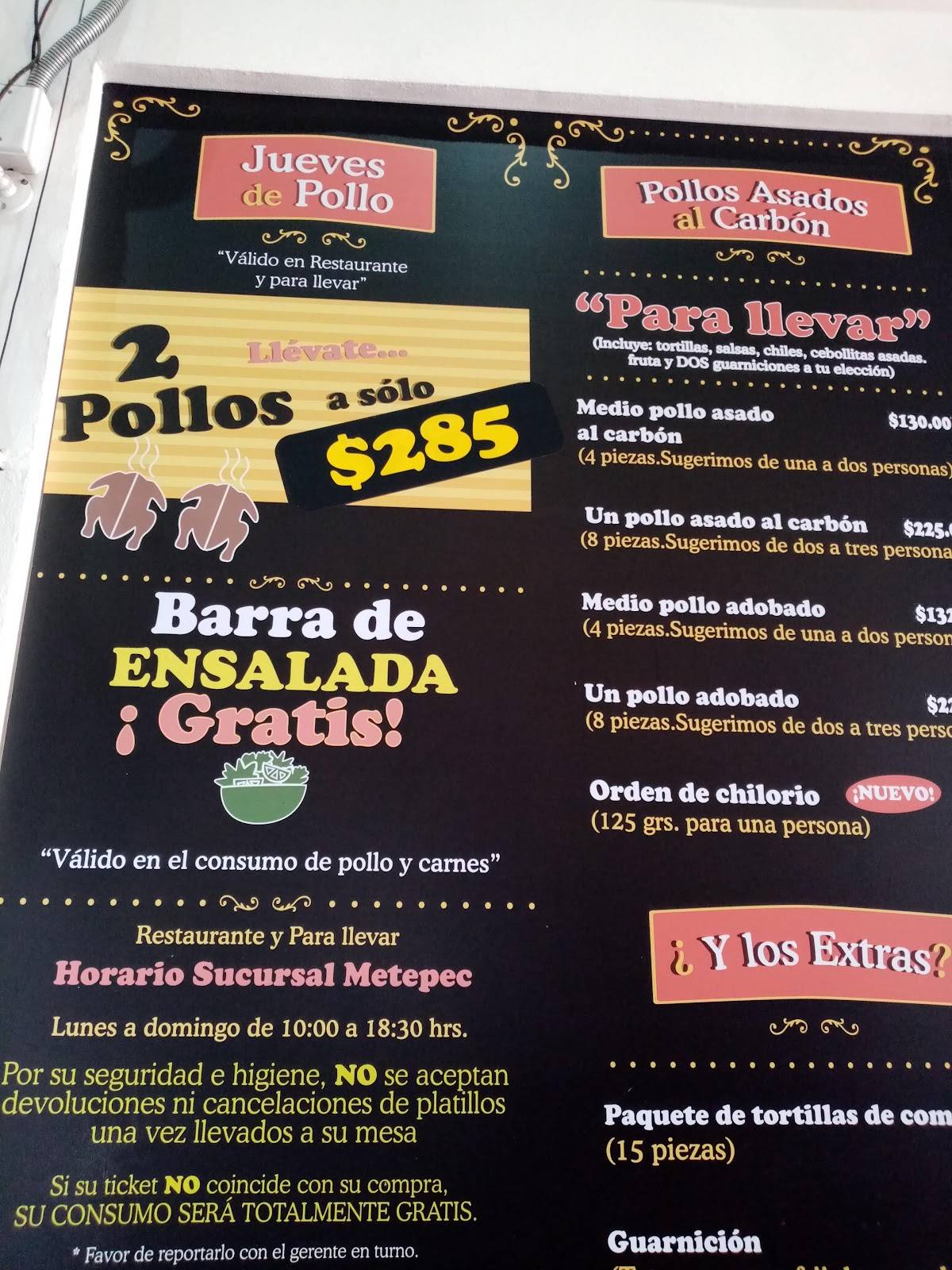 Carta del restaurante Pollo Feliz, Metepec, MZ 031