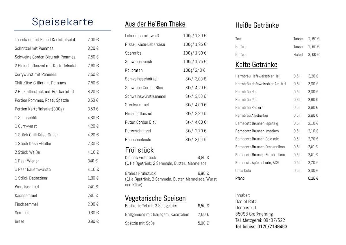 Speisekarte von Metzger-Imbiss (Metzgerei BATZ) fast Food, Großmehring