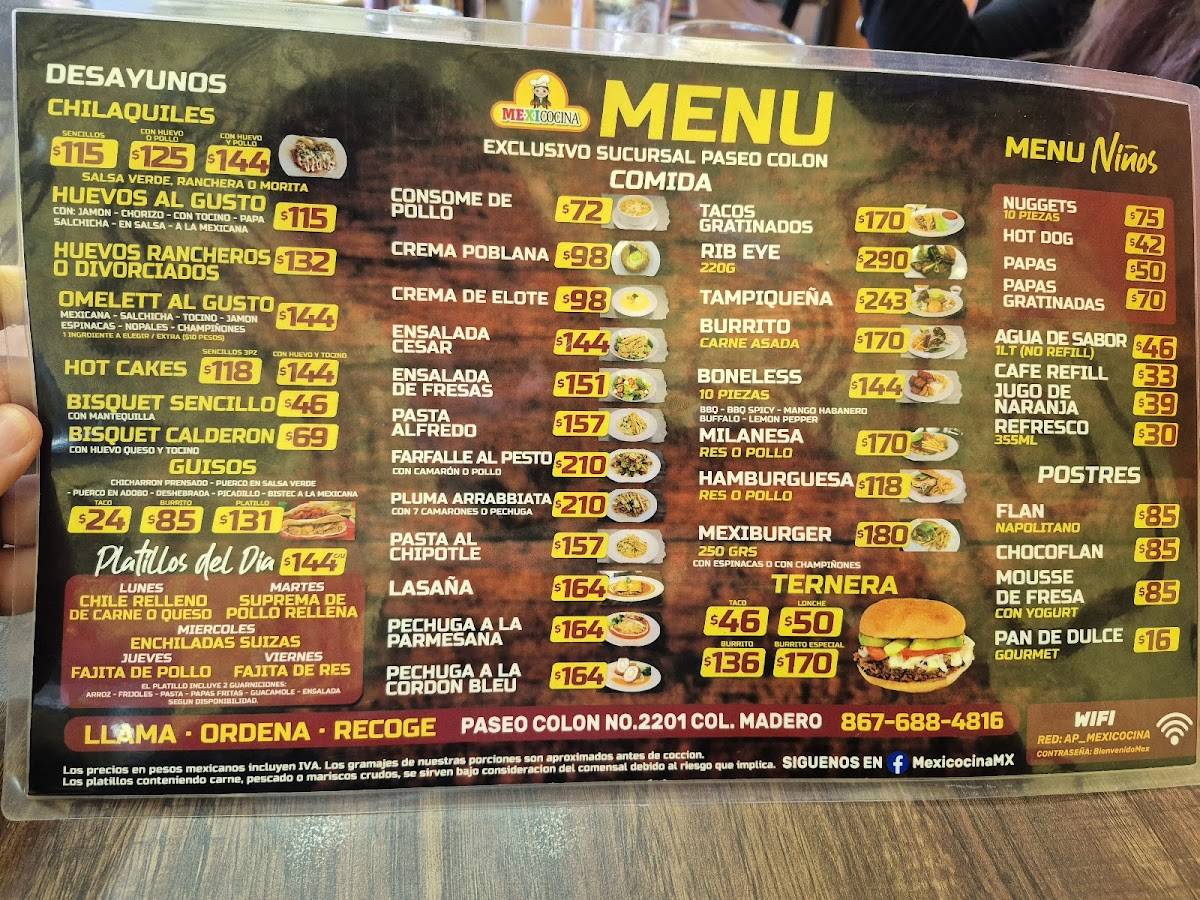 Carta del restaurante MexiCocina - Sucursal Paseo Colón, Nuevo Laredo