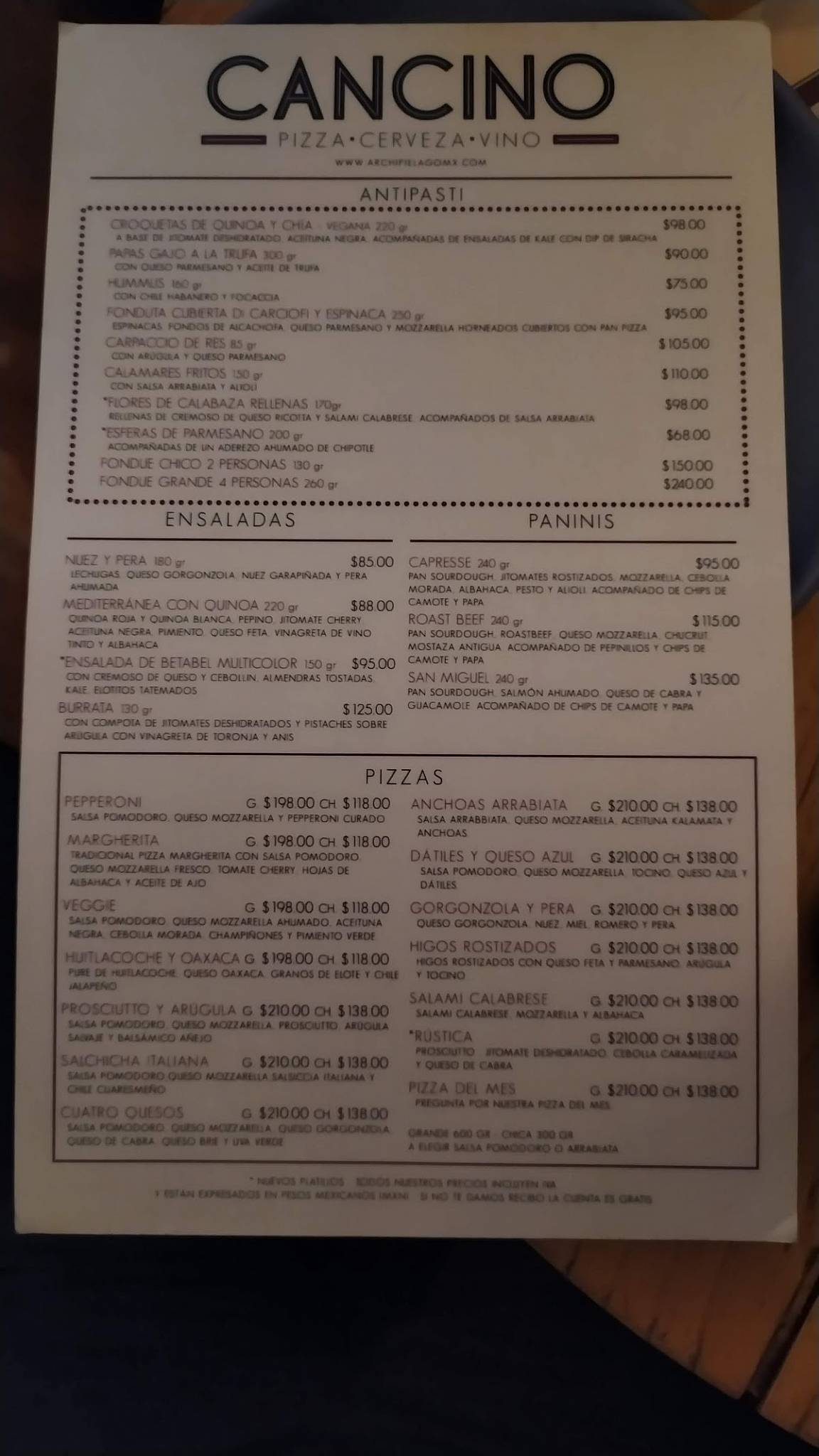Carta de pizzería Cancino Cabrera, Ciudad López Mateos, Zacatecas 98