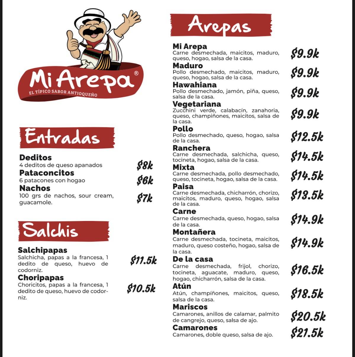 Carta del restaurante Mi Arepa Bello, Bello