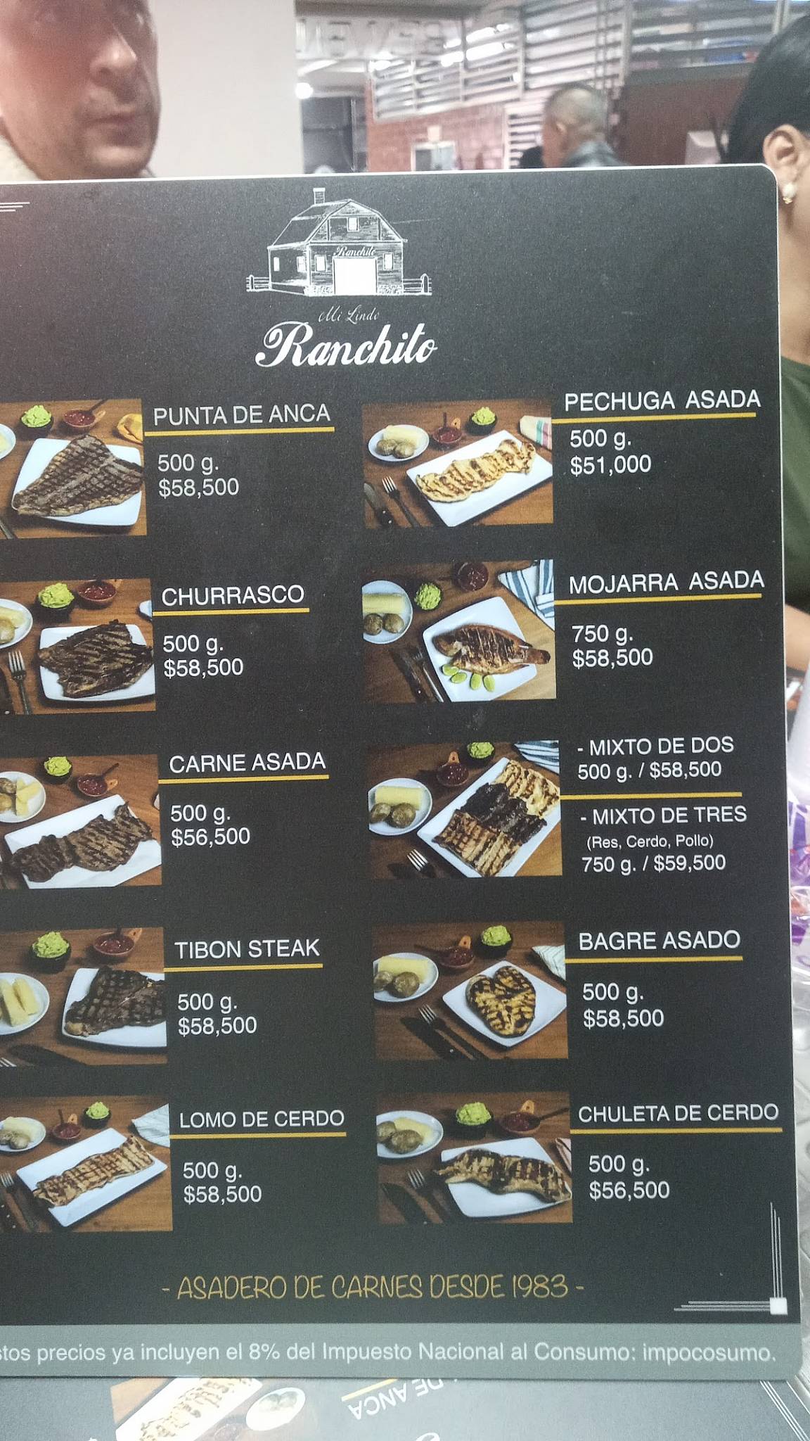 Menu at Mi Ranchito restaurant, Bogotá, Avenida 1a de mayo