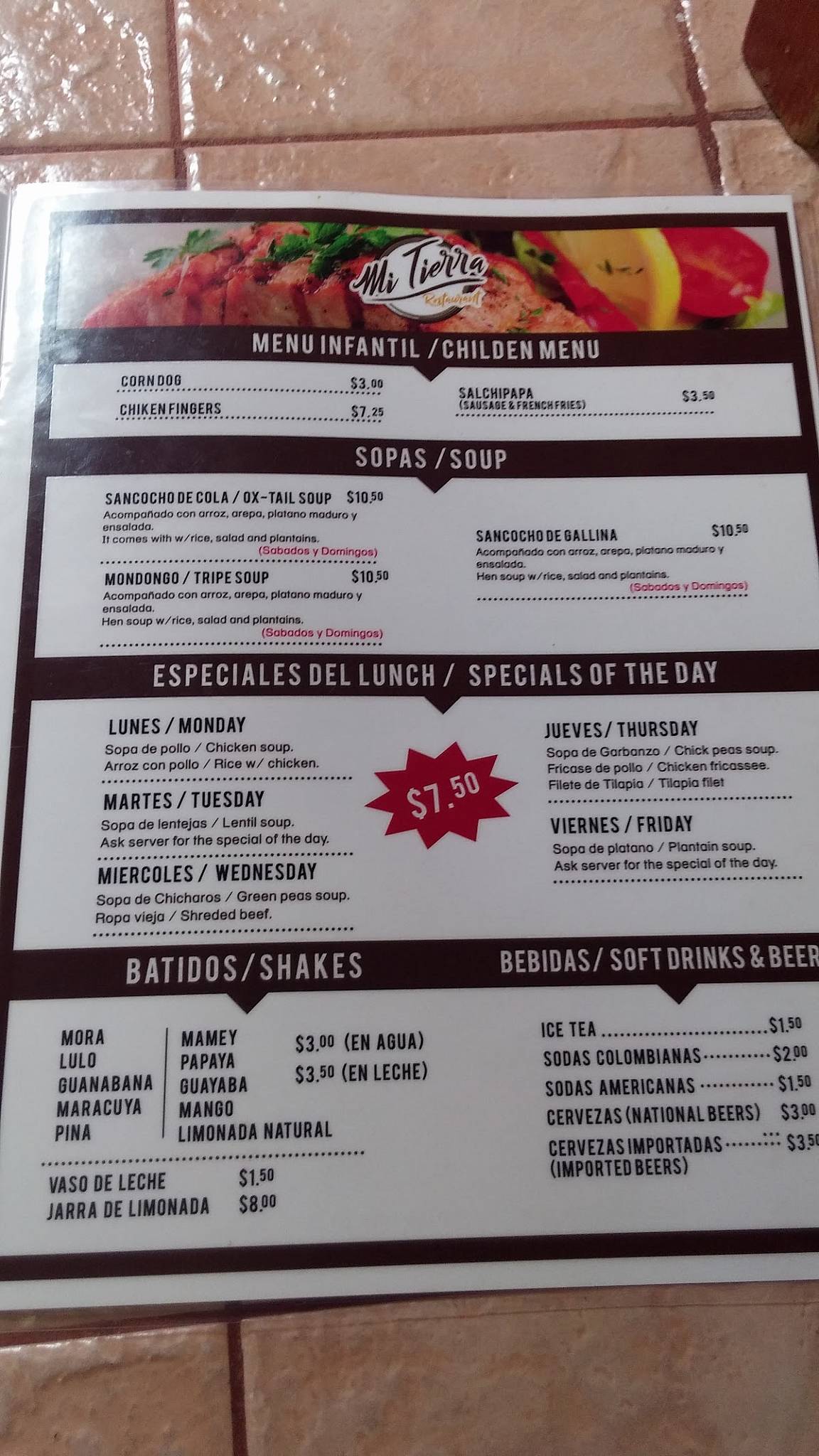Menu at Mi Tierra Restaurant, Sarasota
