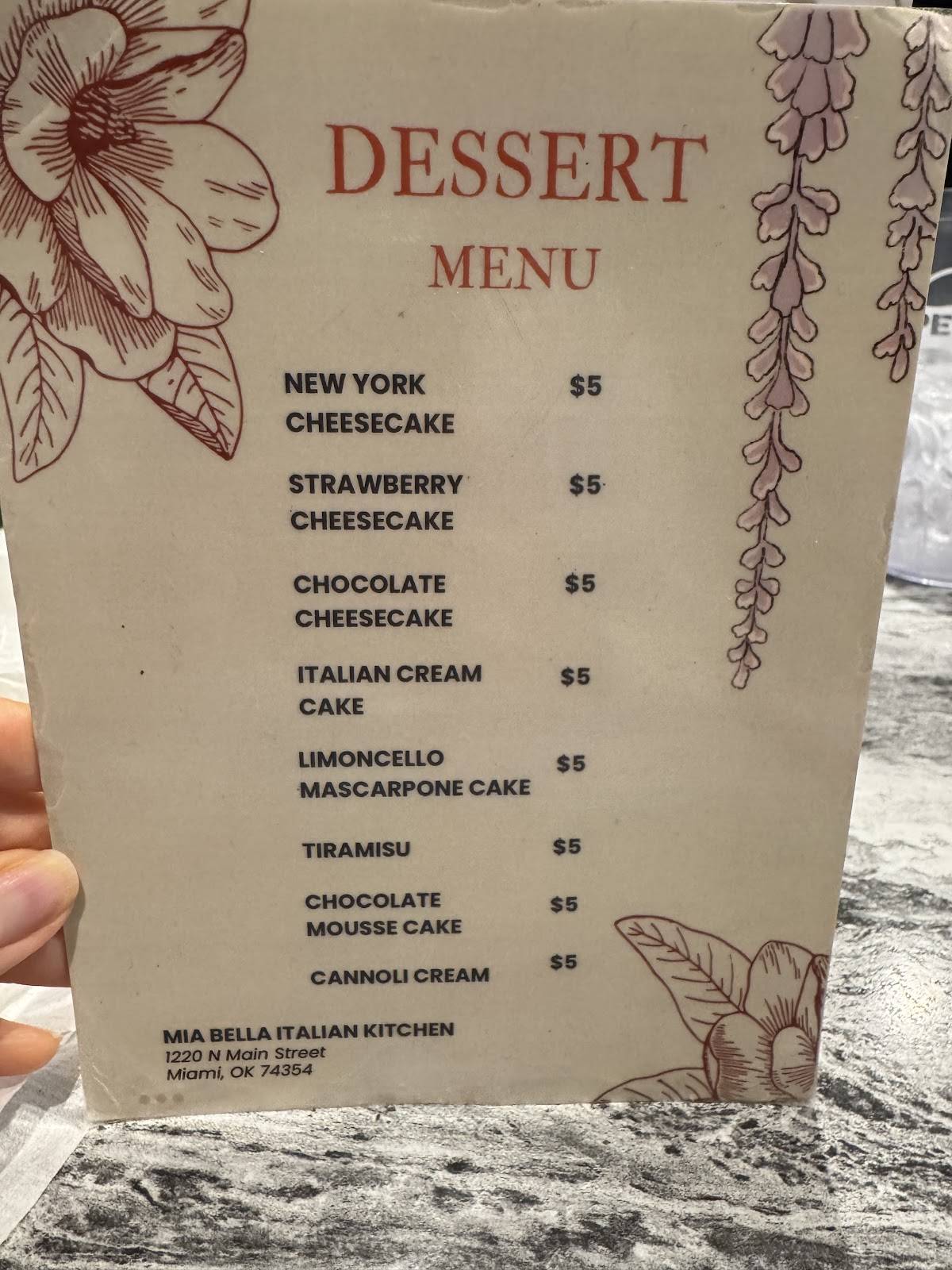 Menu at Mia Bella Italian Kitchen restaurant, Miami