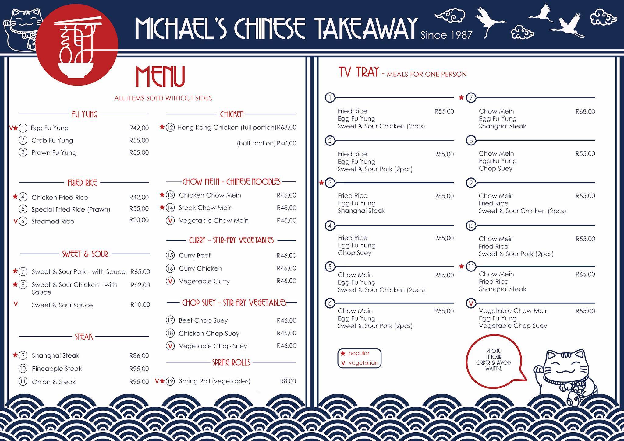 Menu at Michael's Chinese Takeaway fast food, Port Elizabeth