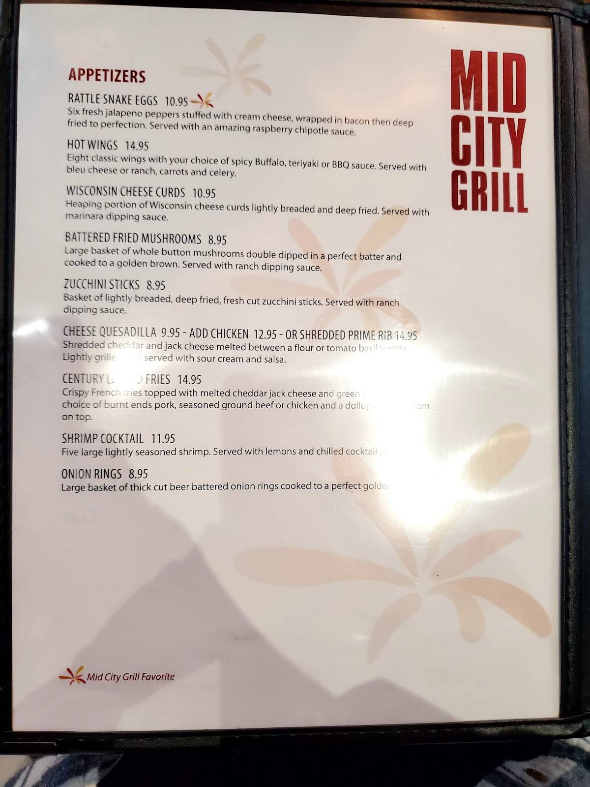 Menu at Mid City Grill restaurant, Central City