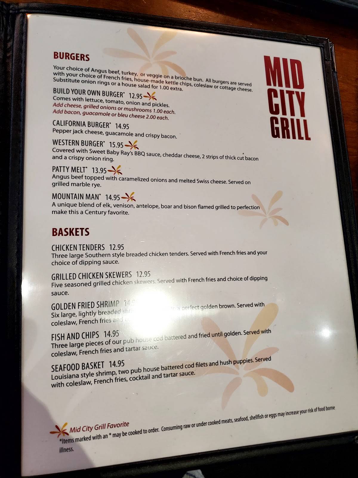 Menu at Mid City Grill restaurant, Central City