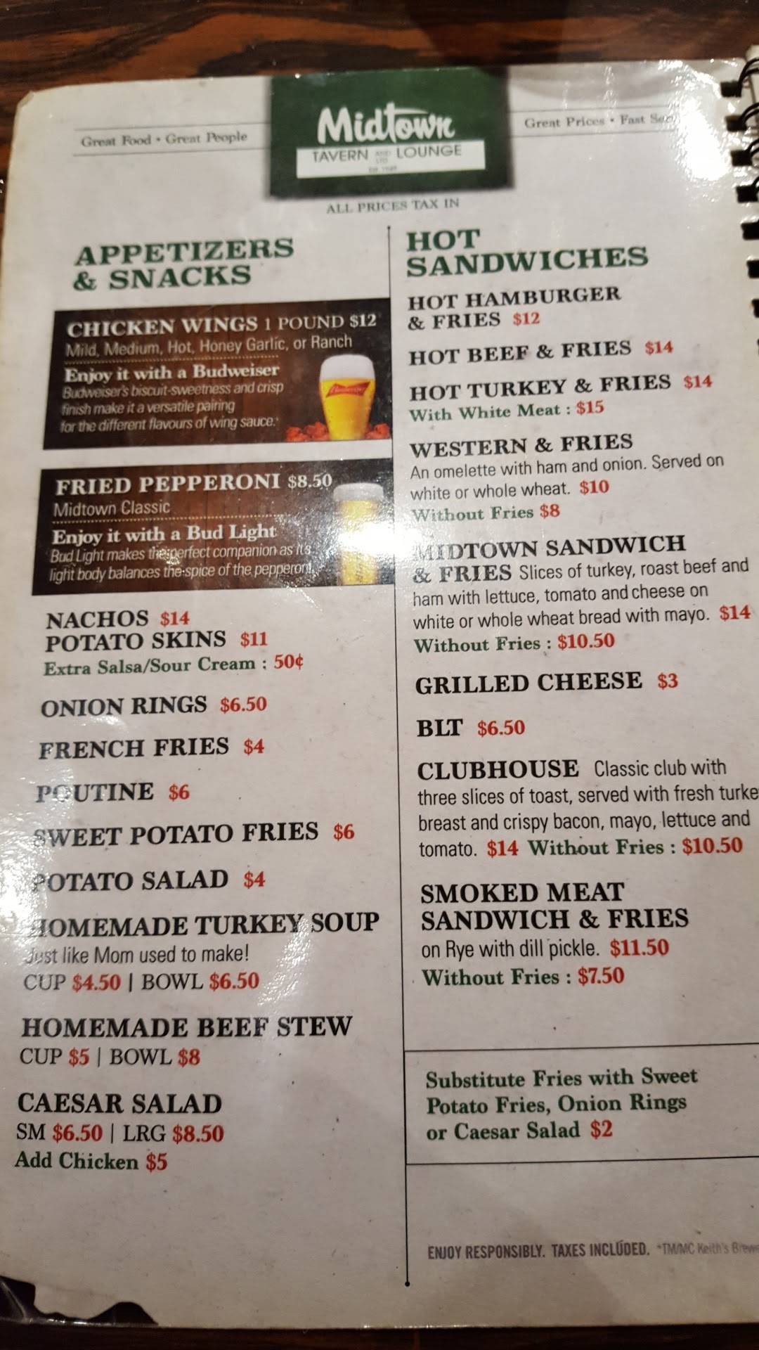 Menu at Midtown-Boomers Tavern & Lounge pub & bar, Halifax, Grafton St