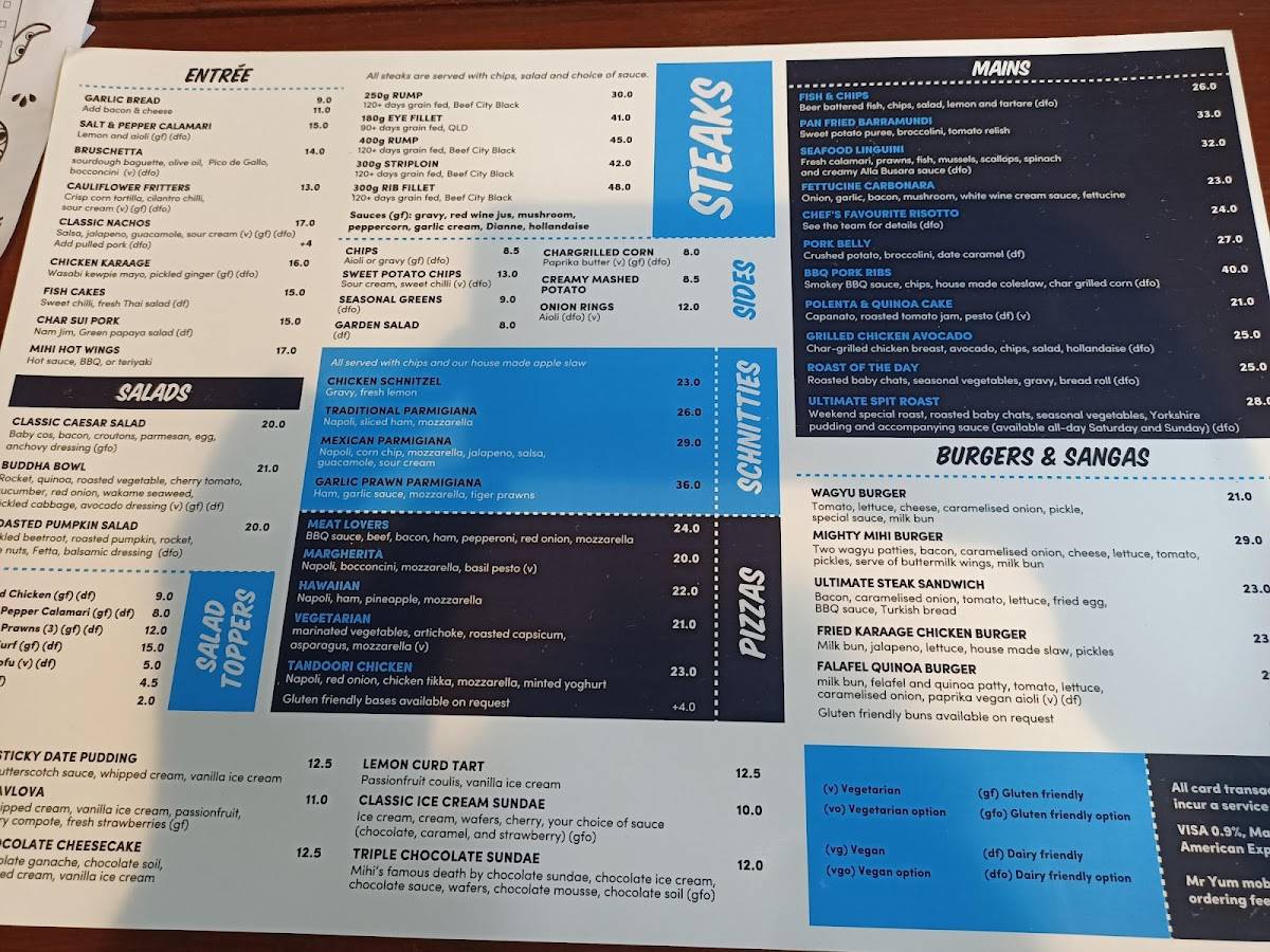 Menu at Mihi Tavern restaurant, Brassall