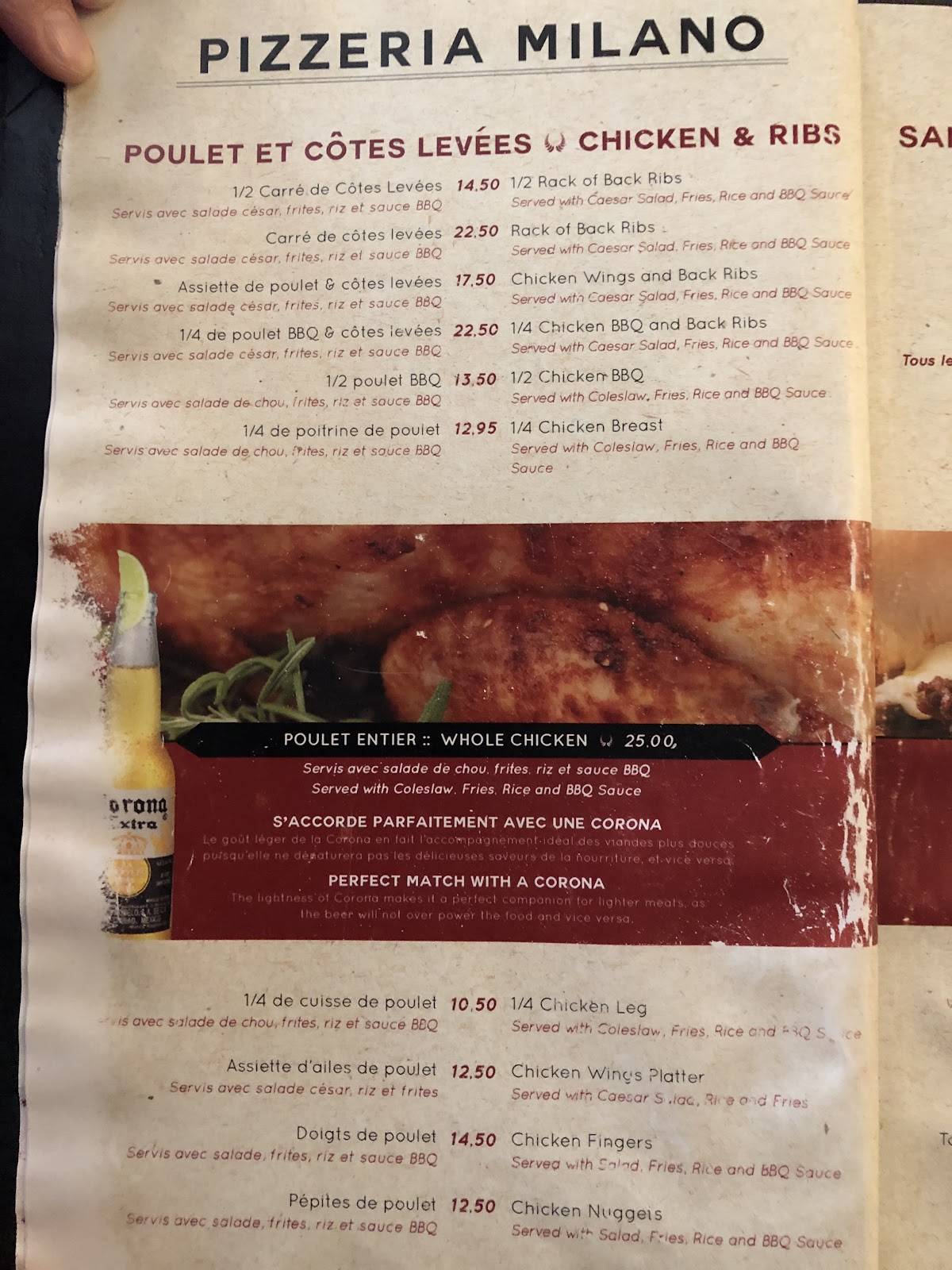 Menu au Milano Restaurant, Gracefield