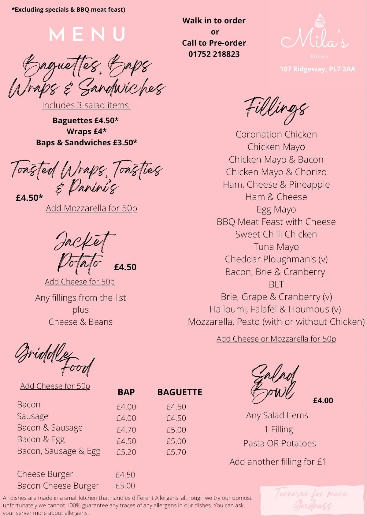 Menu at Mila’s Bakery, Plymouth