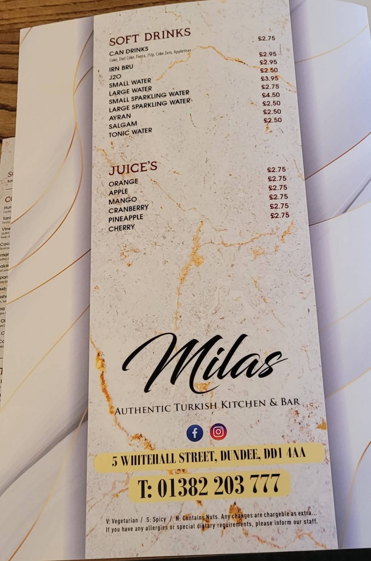Menu at Milas restaurant, Dundee