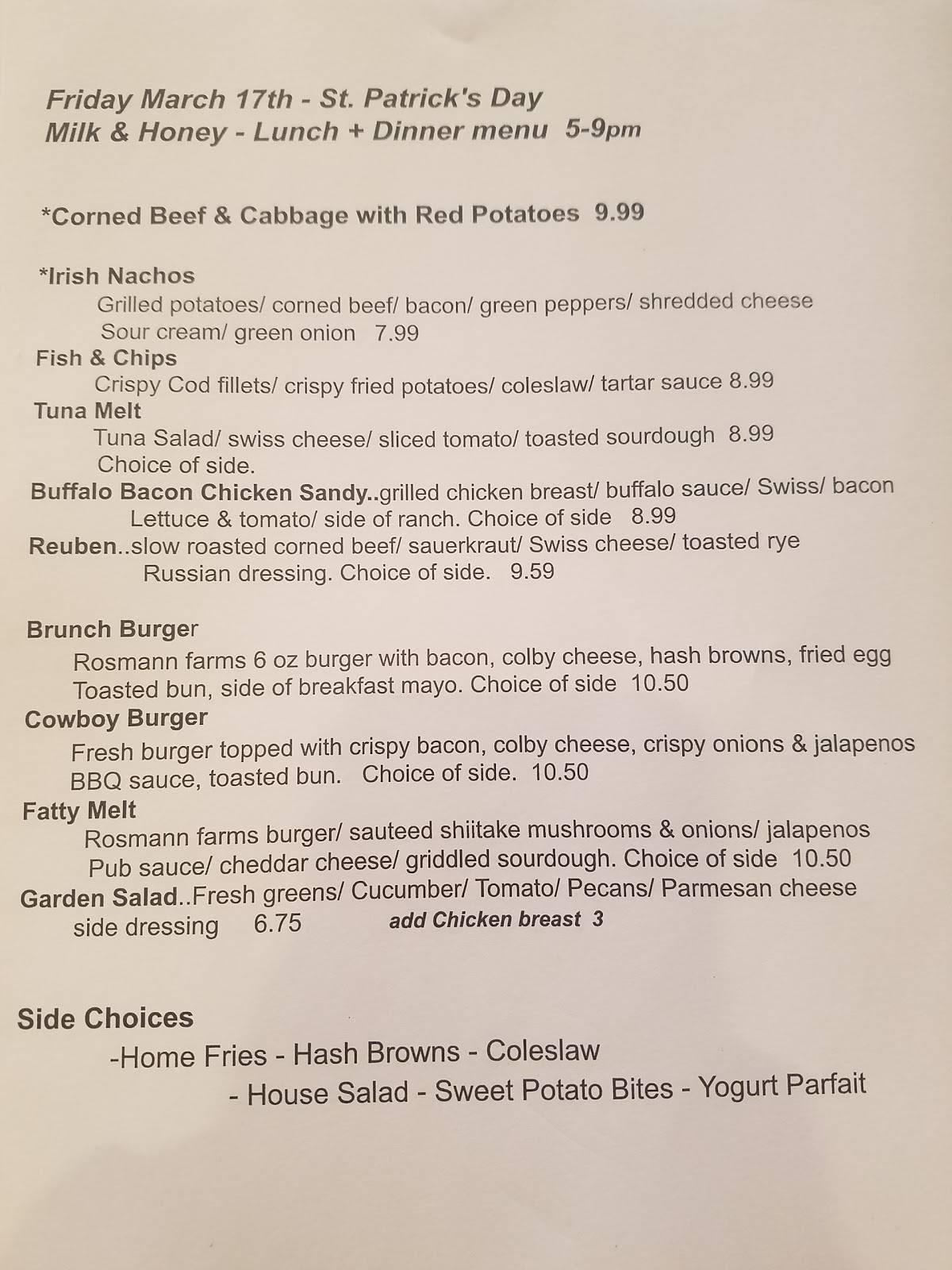 Menu at Milk & Honey breakfast & lunch restaurant, Harlan