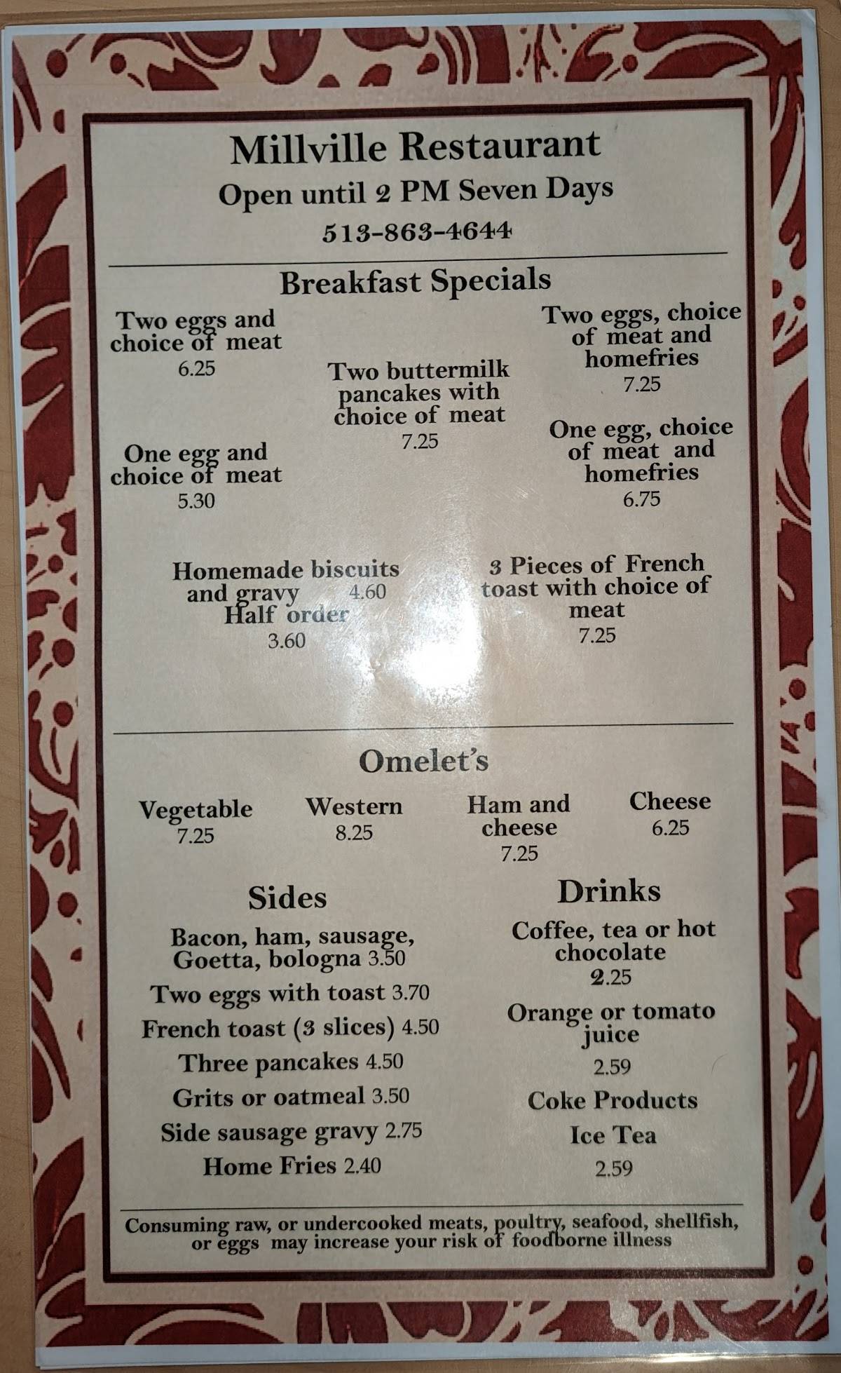 Menu at Millville Restaurant, Hamilton