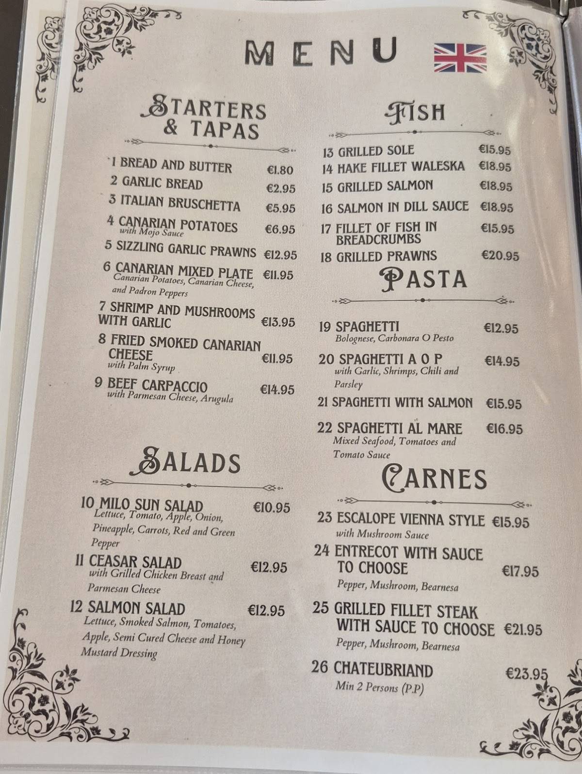 Menu at Milo sun restaurant, Patalavaca