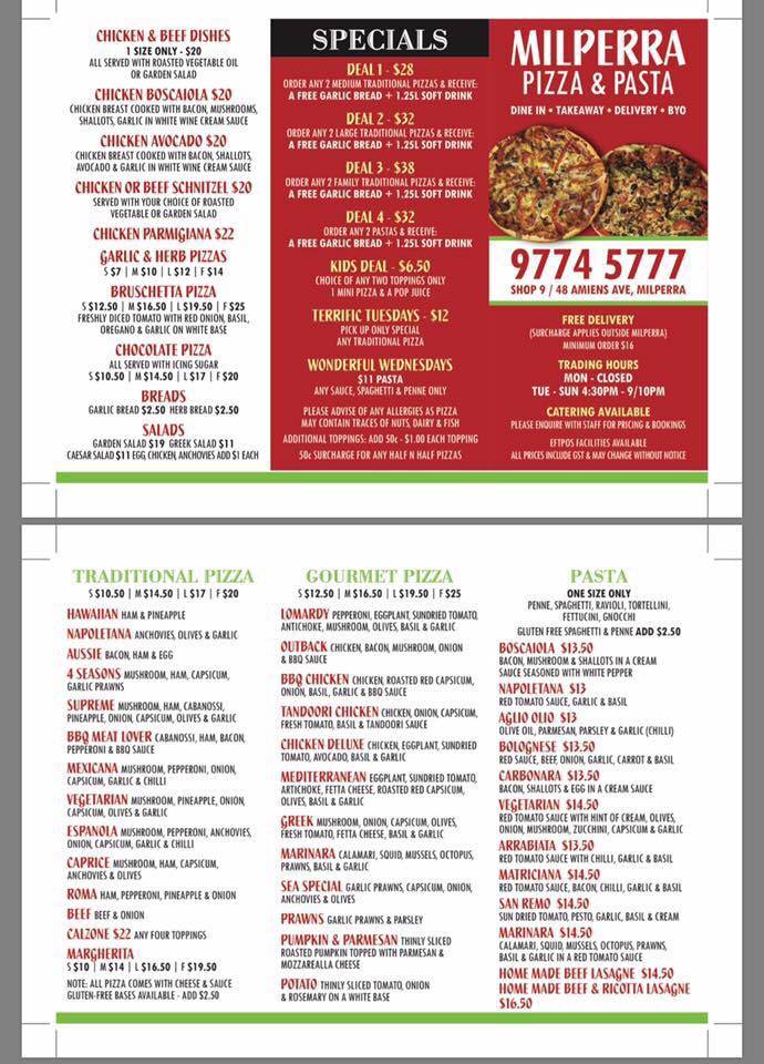Menu at Milperra Pizza & Pasta pizzeria, Milperra