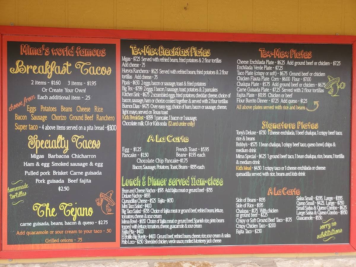 Menu at Mima's Tacos restaurant, Wimberley