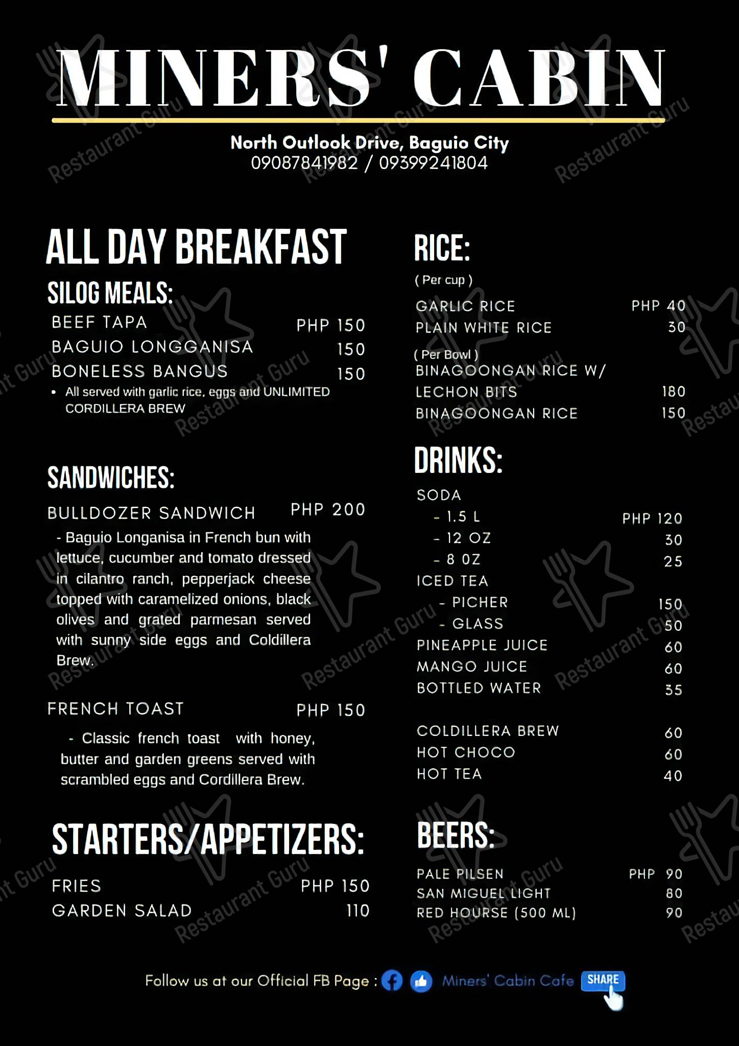 Menu at Miners' Cabin Cafe, Baguio