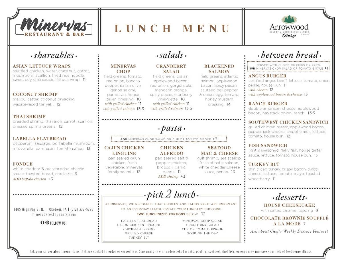 Menu at Minervas Restaurant & Bar, Okoboji