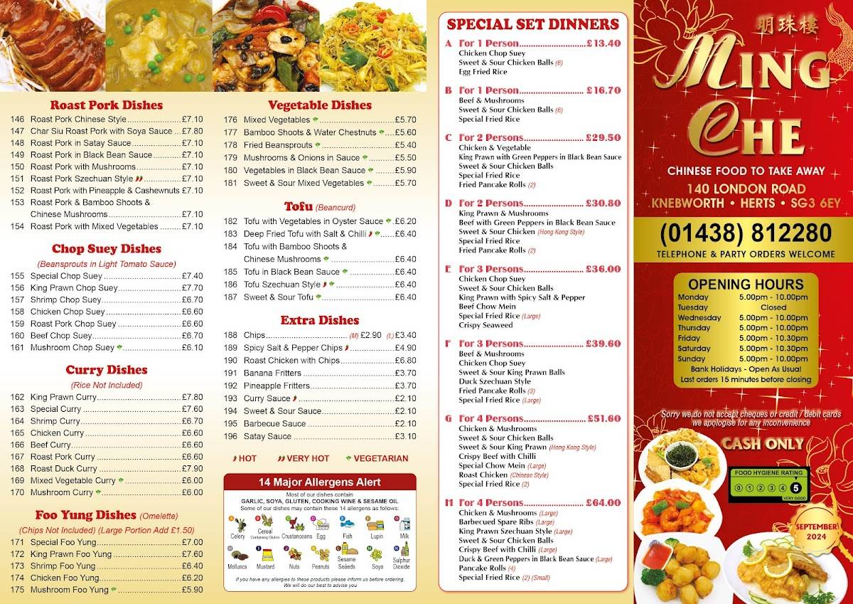 Menu at Ming Che fast food, Knebworth