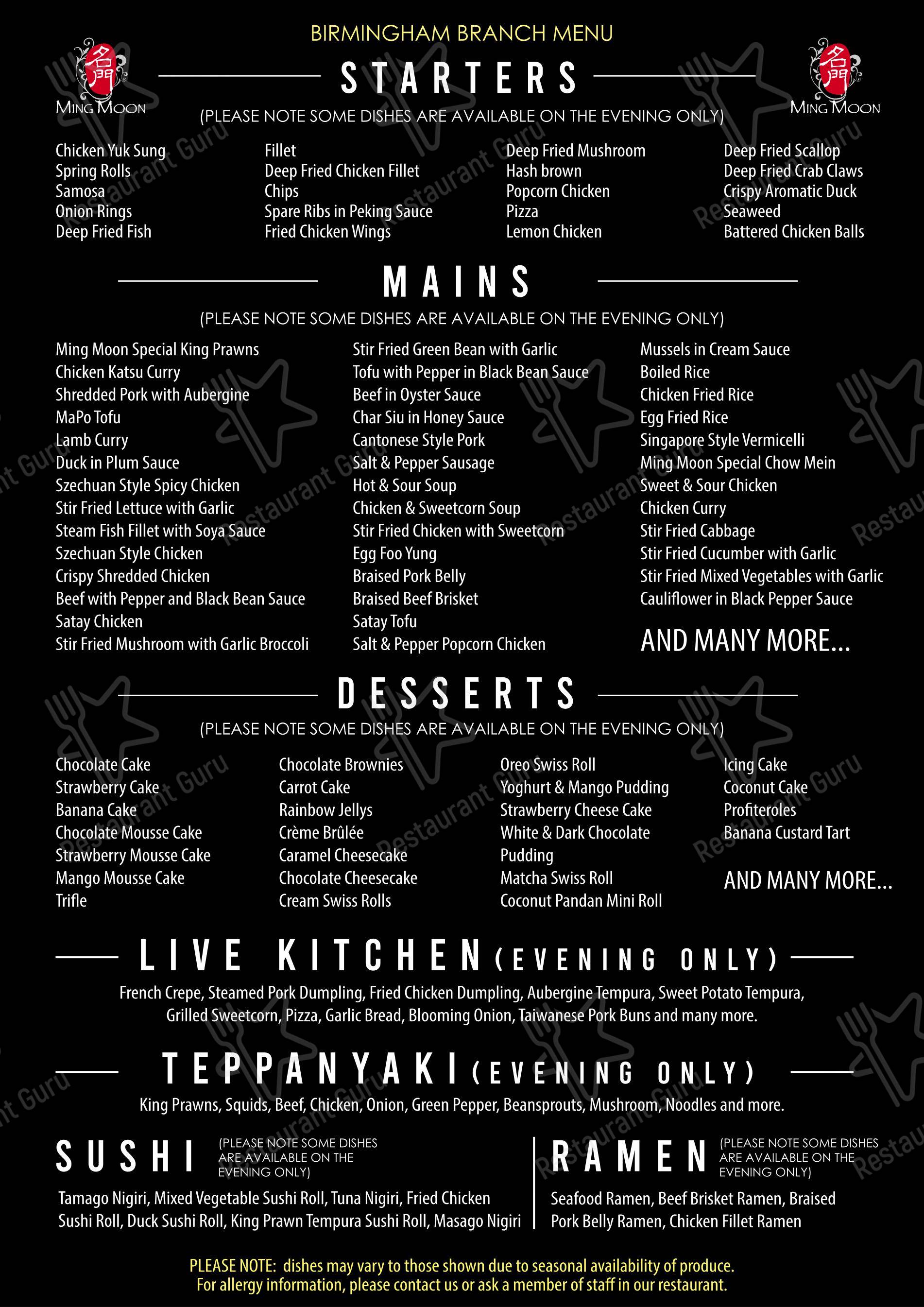 Menu at Ming Moon Buffet & Karaoke restaurant, Birmingham, 16 Hurst St