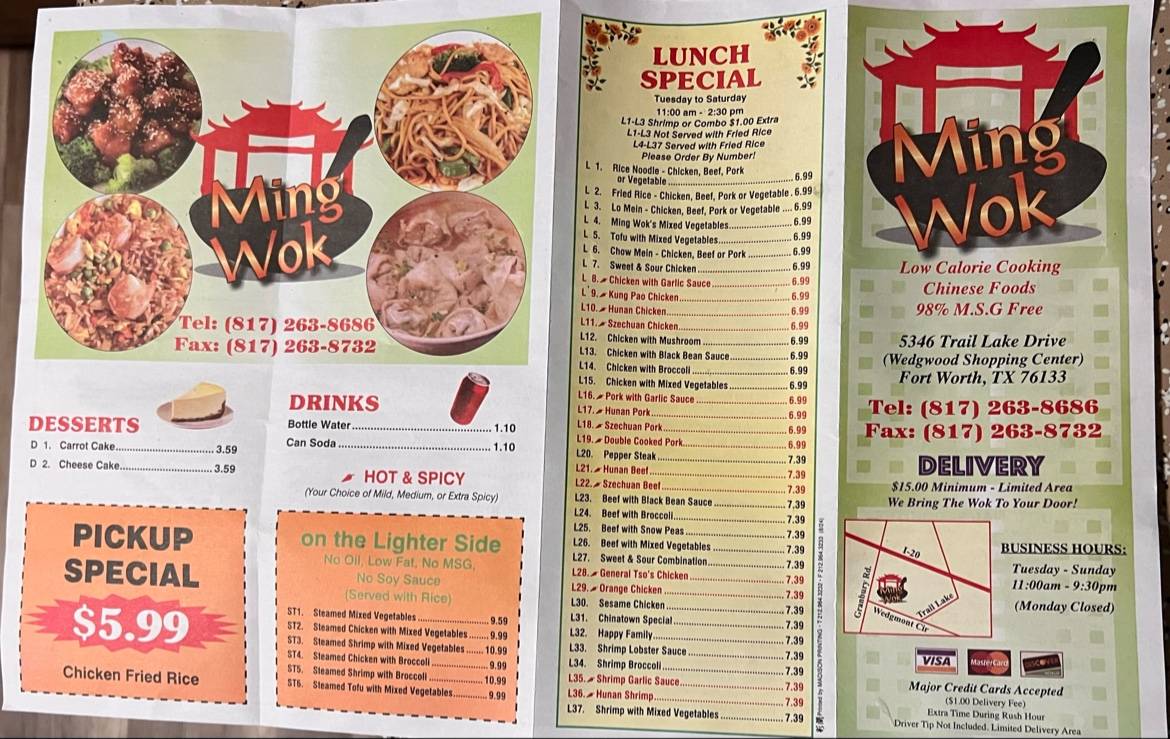 Menu at Ming Wok restaurant, Fort Worth