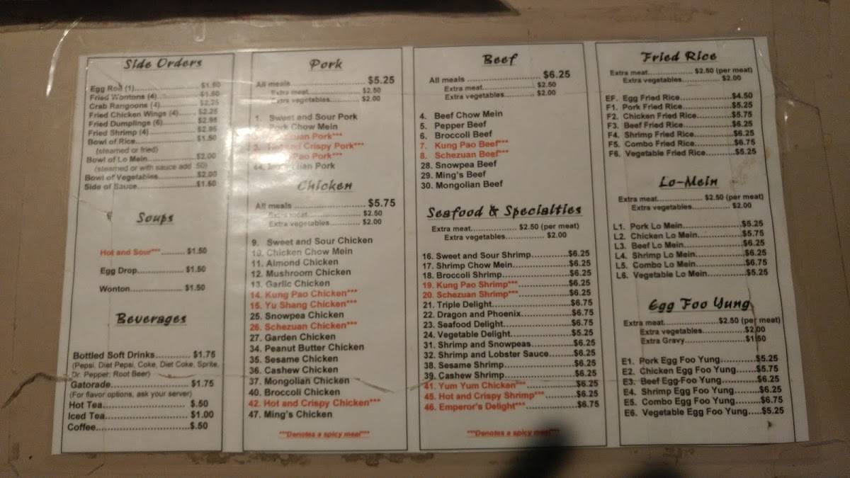 Menu at Ming's Restaurant, Papillion