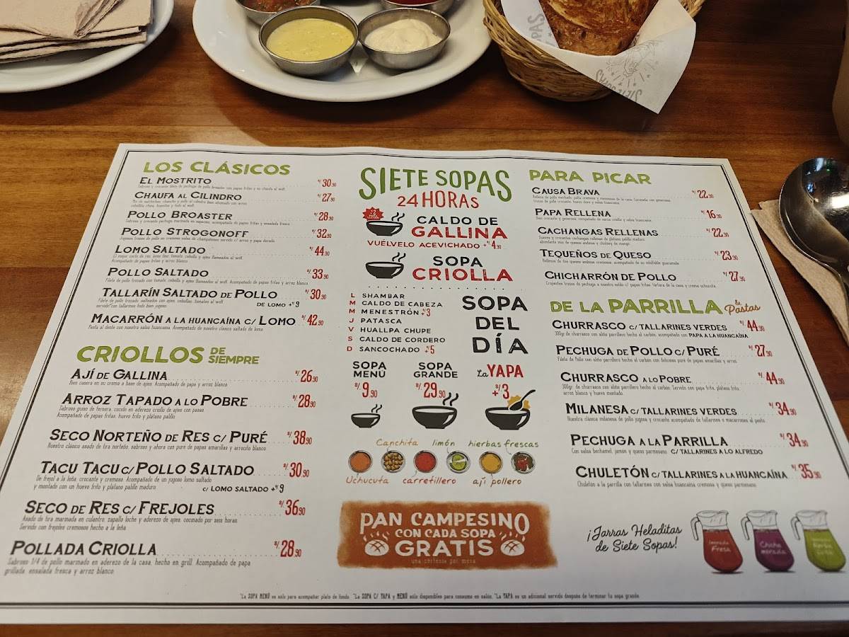 Carta del restaurante Siete Sopas, Miraflores