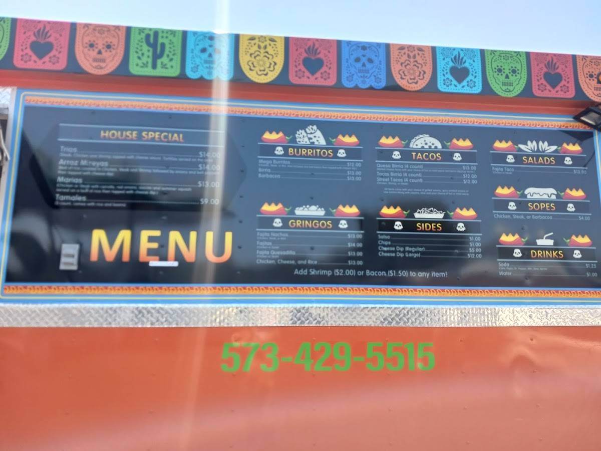 Menu at Mireya's mexican food truck restaurant, Poplar Bluff