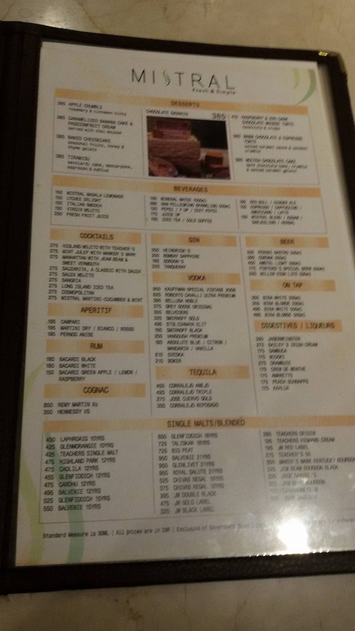 Menu at Mistral, New Delhi, 2