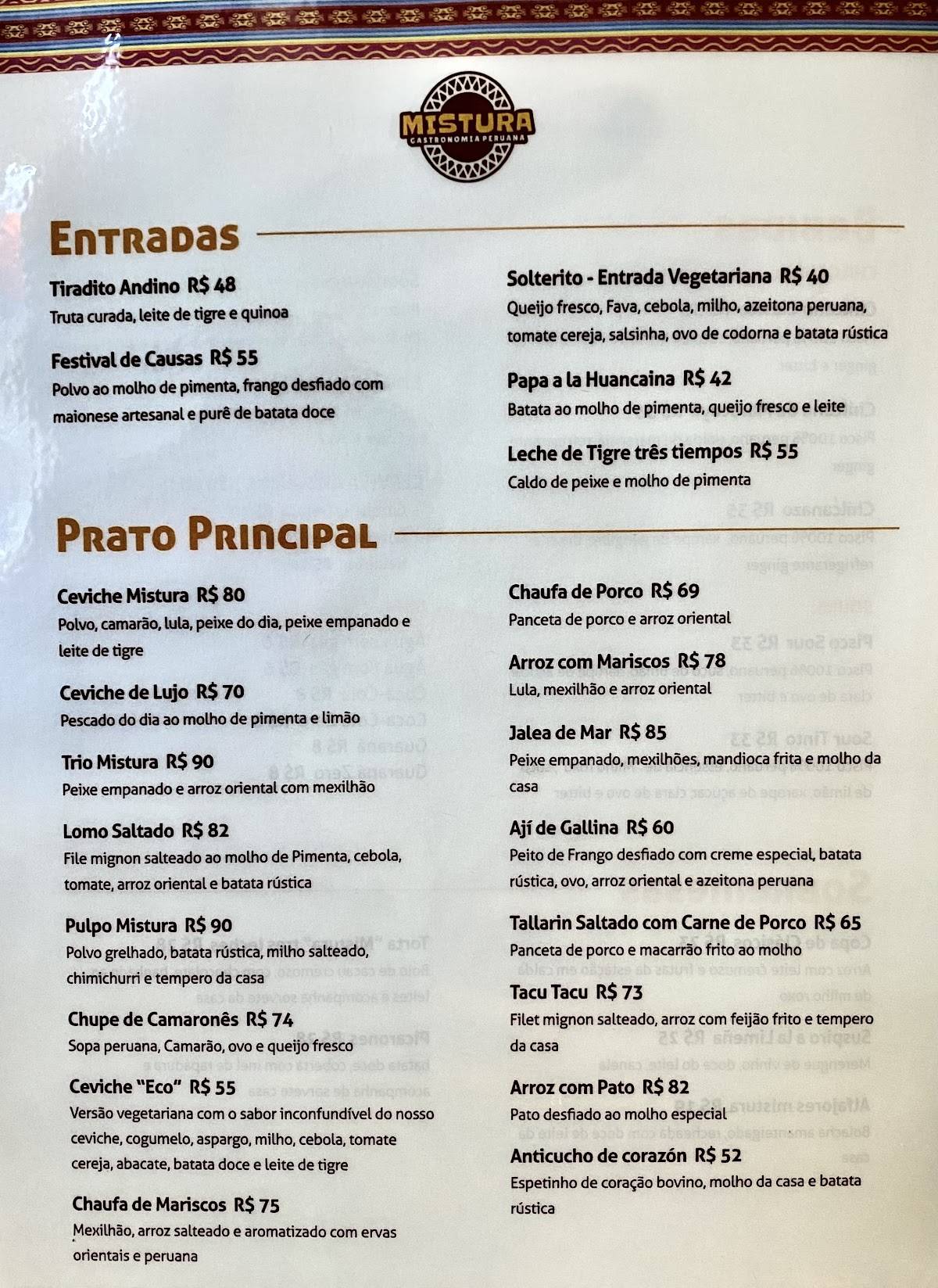 Menu at Mistura - Gastronomia Peruana restaurant, São Paulo