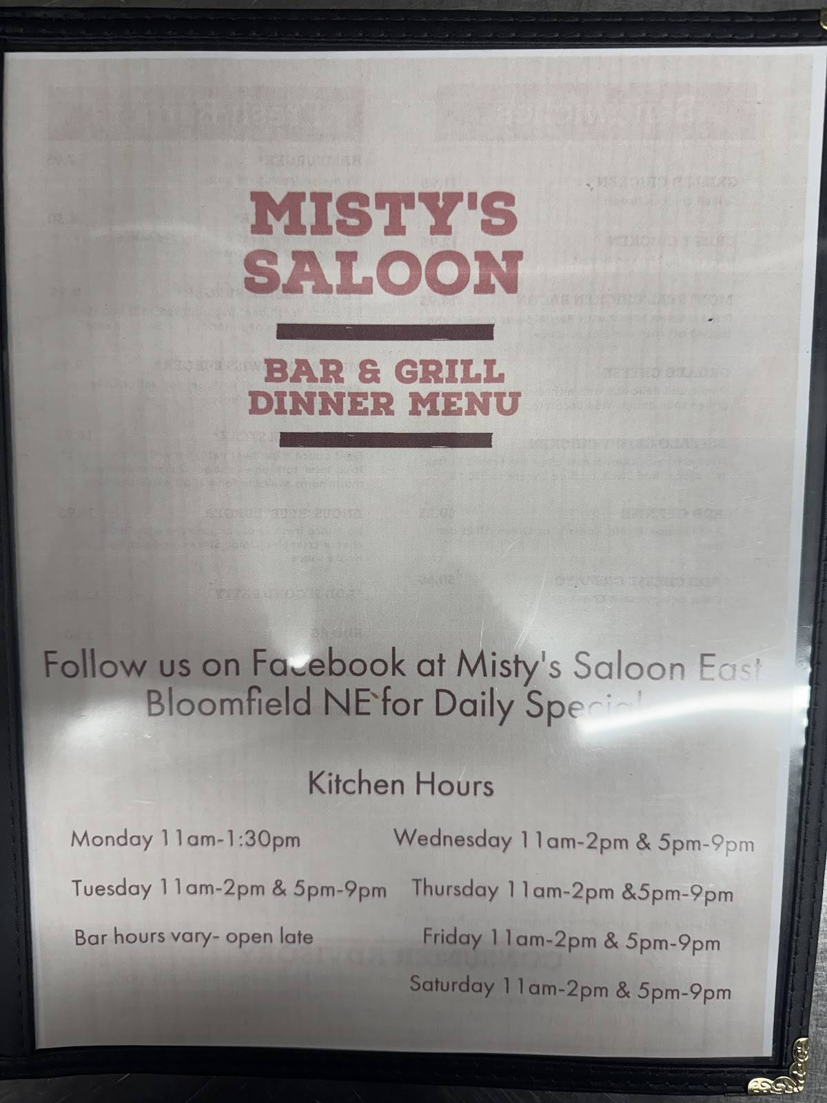 Menu at Misty’s Saloon East pub & bar, Bloomfield