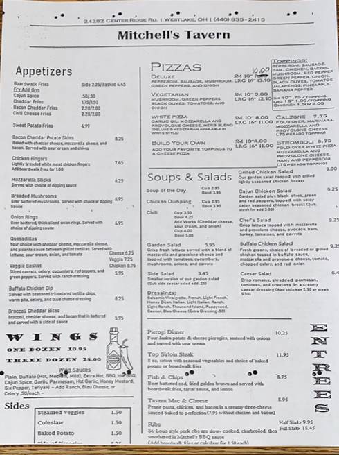 Menu at Mitchell's Tavern pub & bar, Westlake, Center Ridge Rd