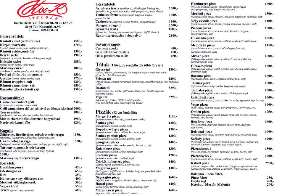 Menu at Mix-R Ételbár restaurant, Tab