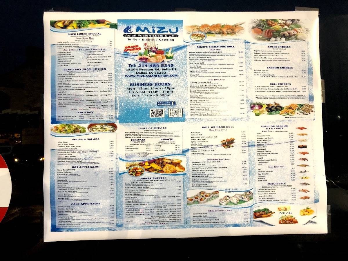 Menu at Mizu Asian Fusion Sushi & Grill restaurant, Dallas