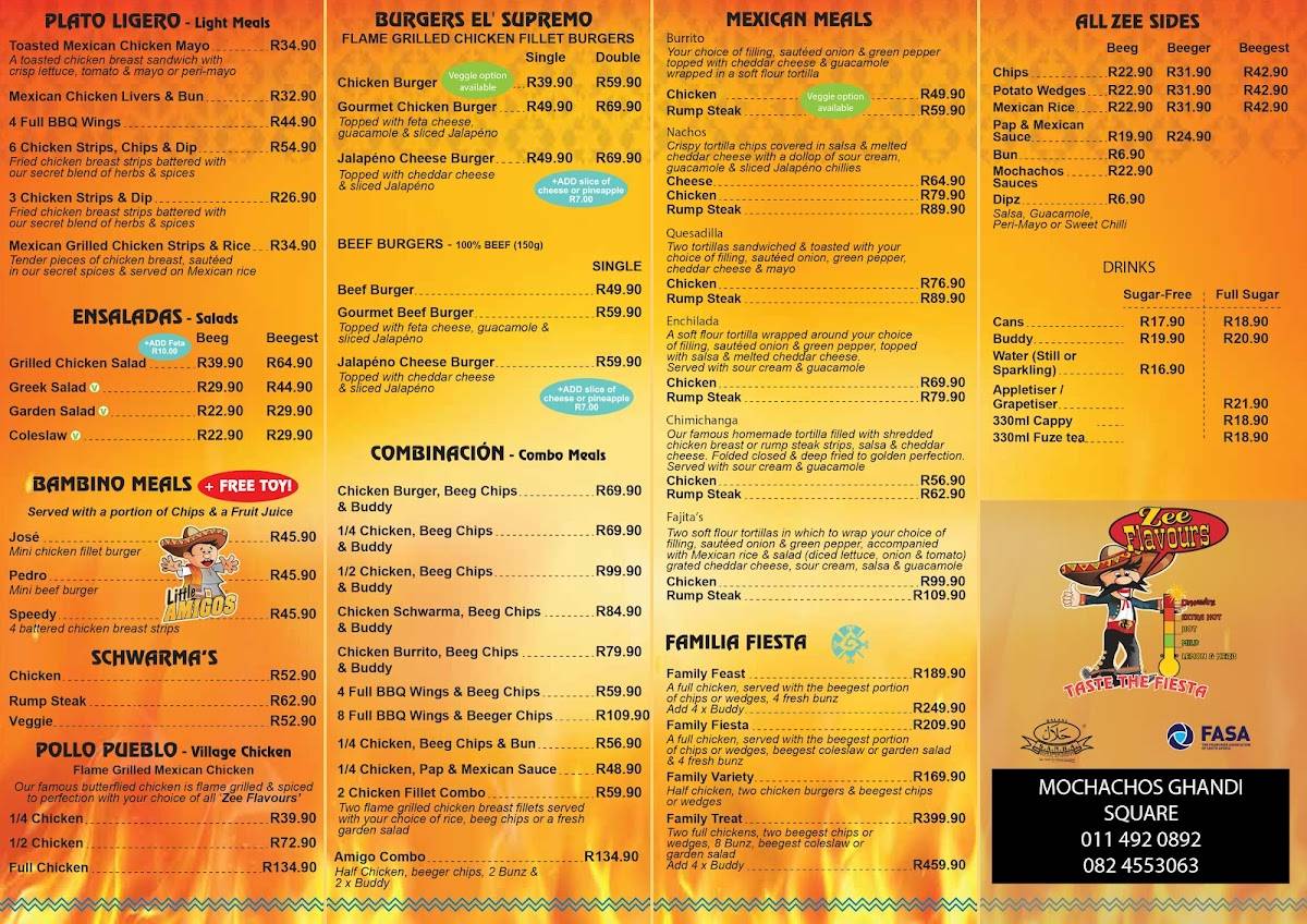 Menu at Mochachos Ghandi Square restaurant, Johannesburg